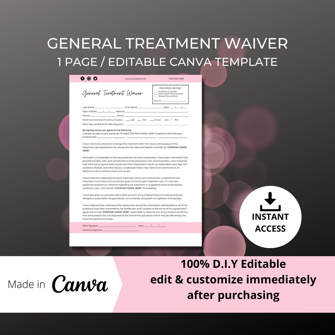 General Treatment Consent Waiver I DIY Editable Printable 1 Page Canva ...