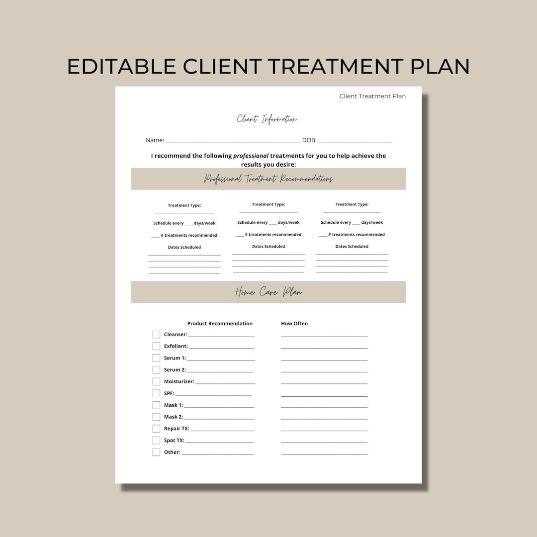 Editable Client Treatment Plan Template, Skincare Recommendation Form ...