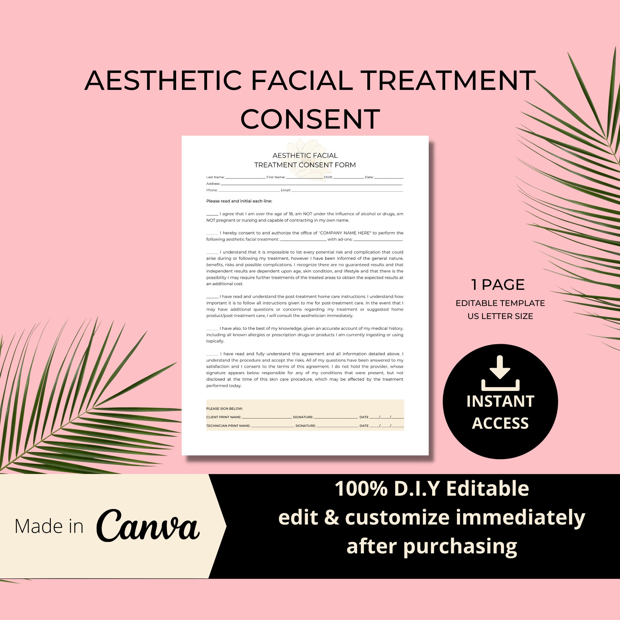 Aesthetic Facial Treatment Consent Form I DIY Editable 1 Page | Etsy