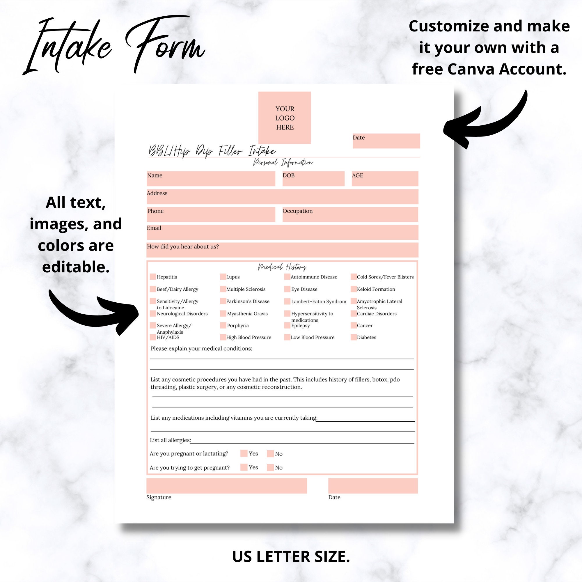 Editable BBL Hip Dip Filler Intake Form I Consent Form I | Etsy UK