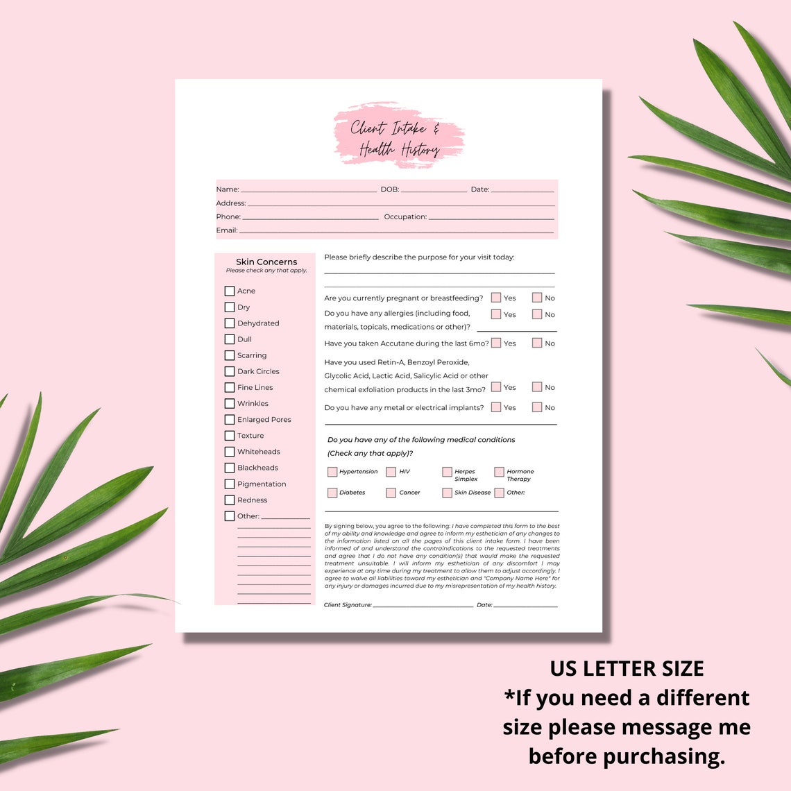 Editable Esthetician Client Intake Form I Simple Facial - Etsy