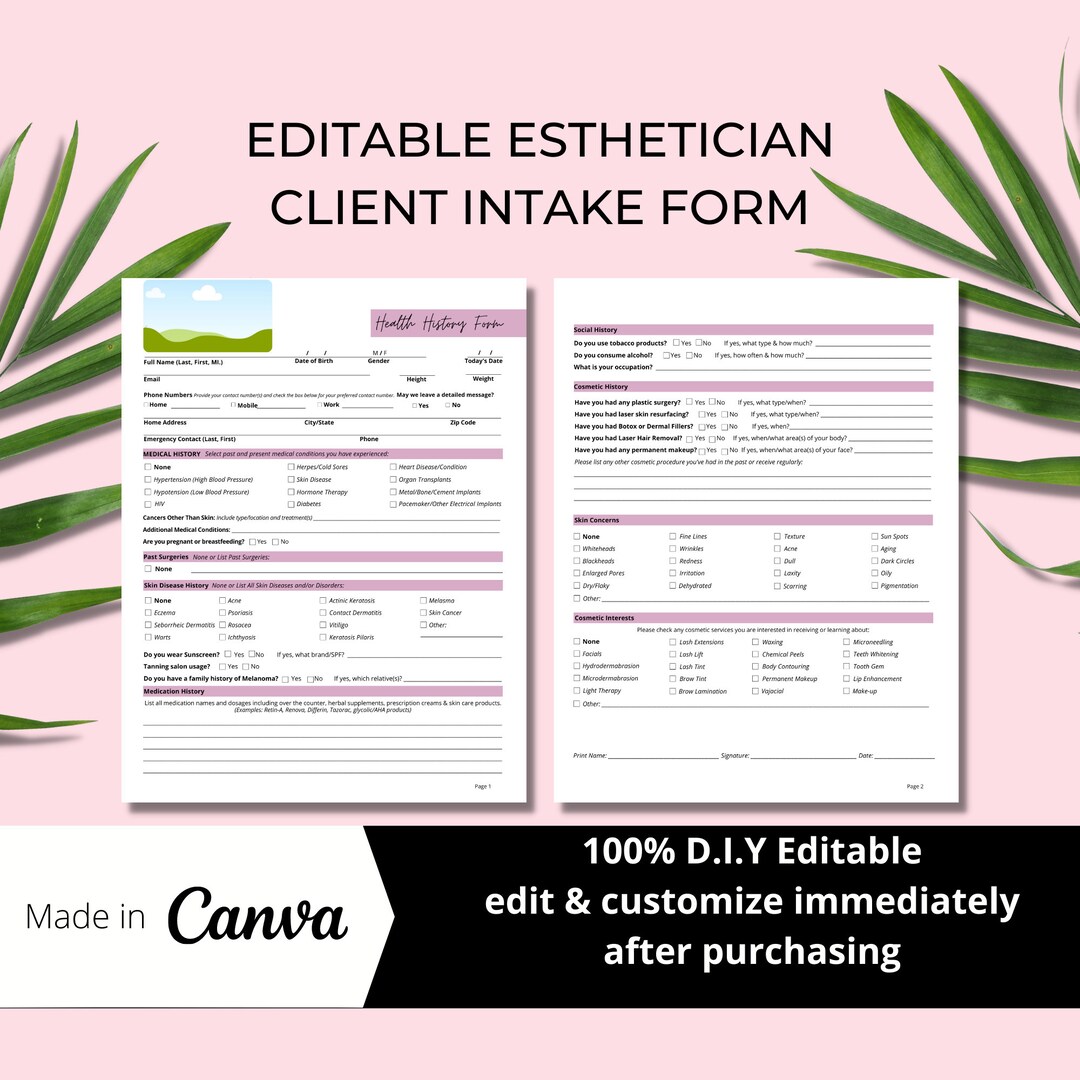 Editable Esthetician Client Intake Form, Editable Facial Intake Form ...