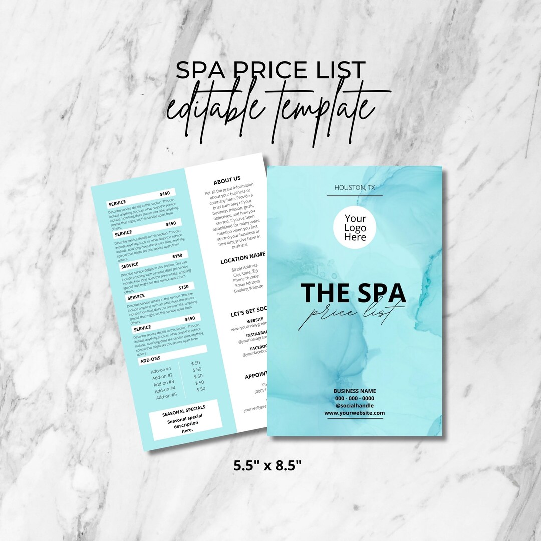 Editable Esthetician Price List Menu Template, Day Spa Price List Menu ...
