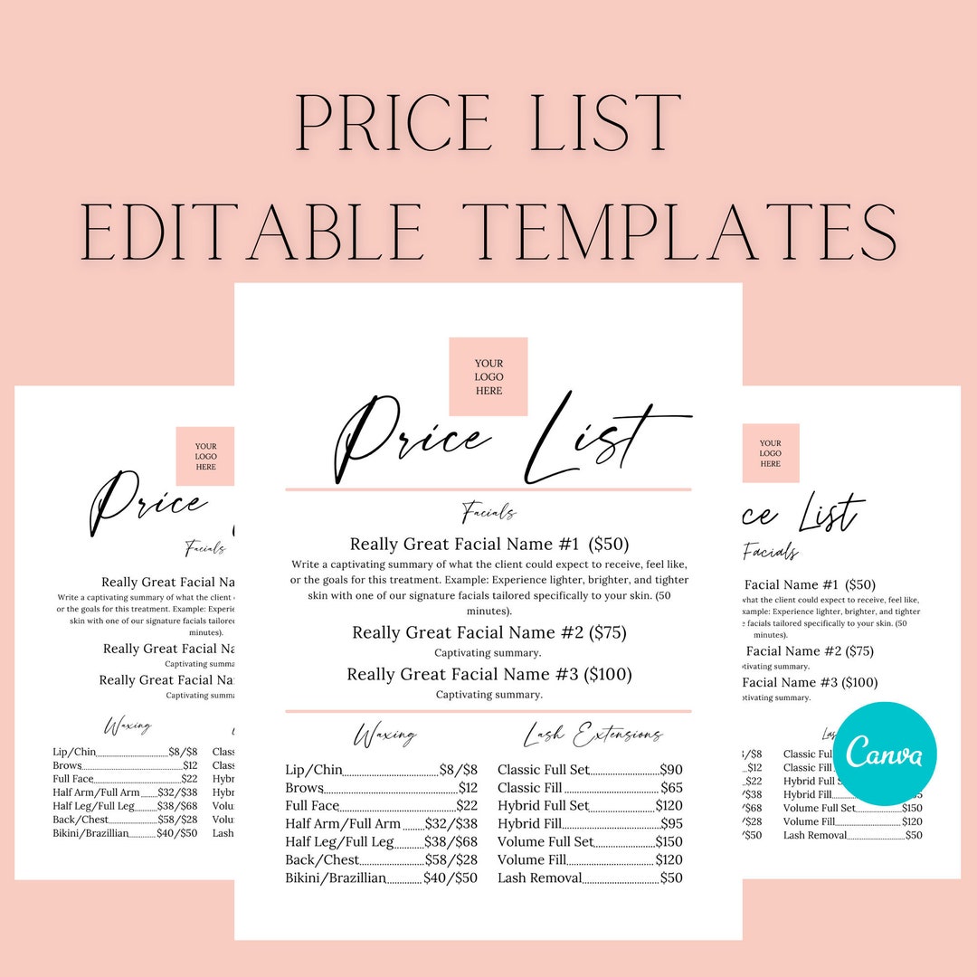 Editable Esthetician Price List Menu Template Day Spa Price - Etsy Canada