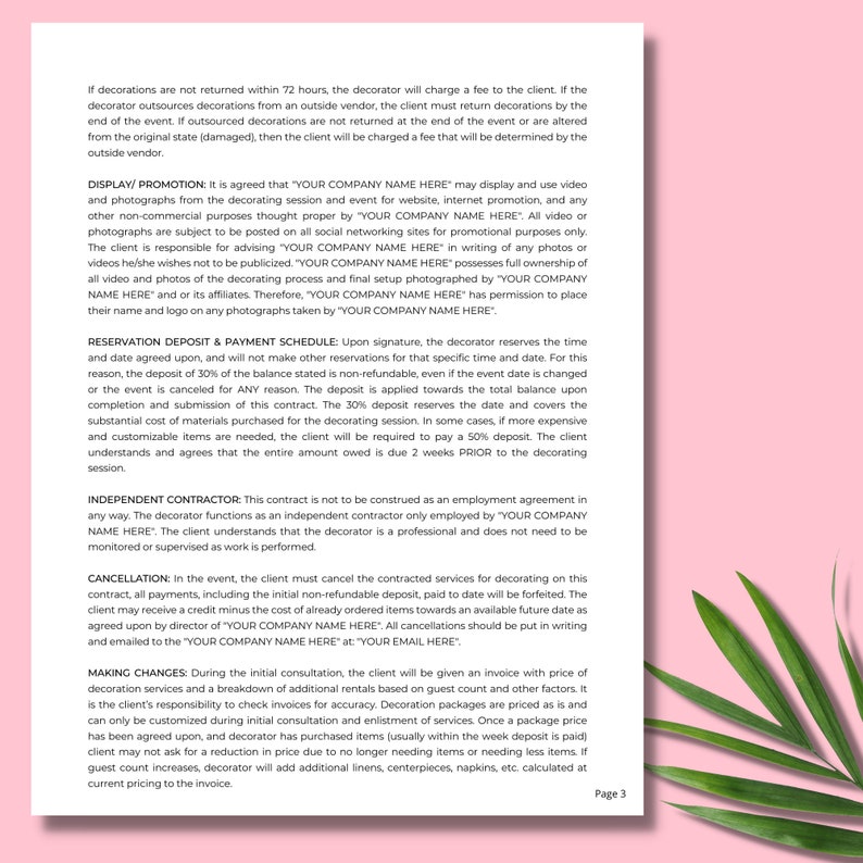 Event Decorating Services Contract Agreement DIY Editable - Etsy