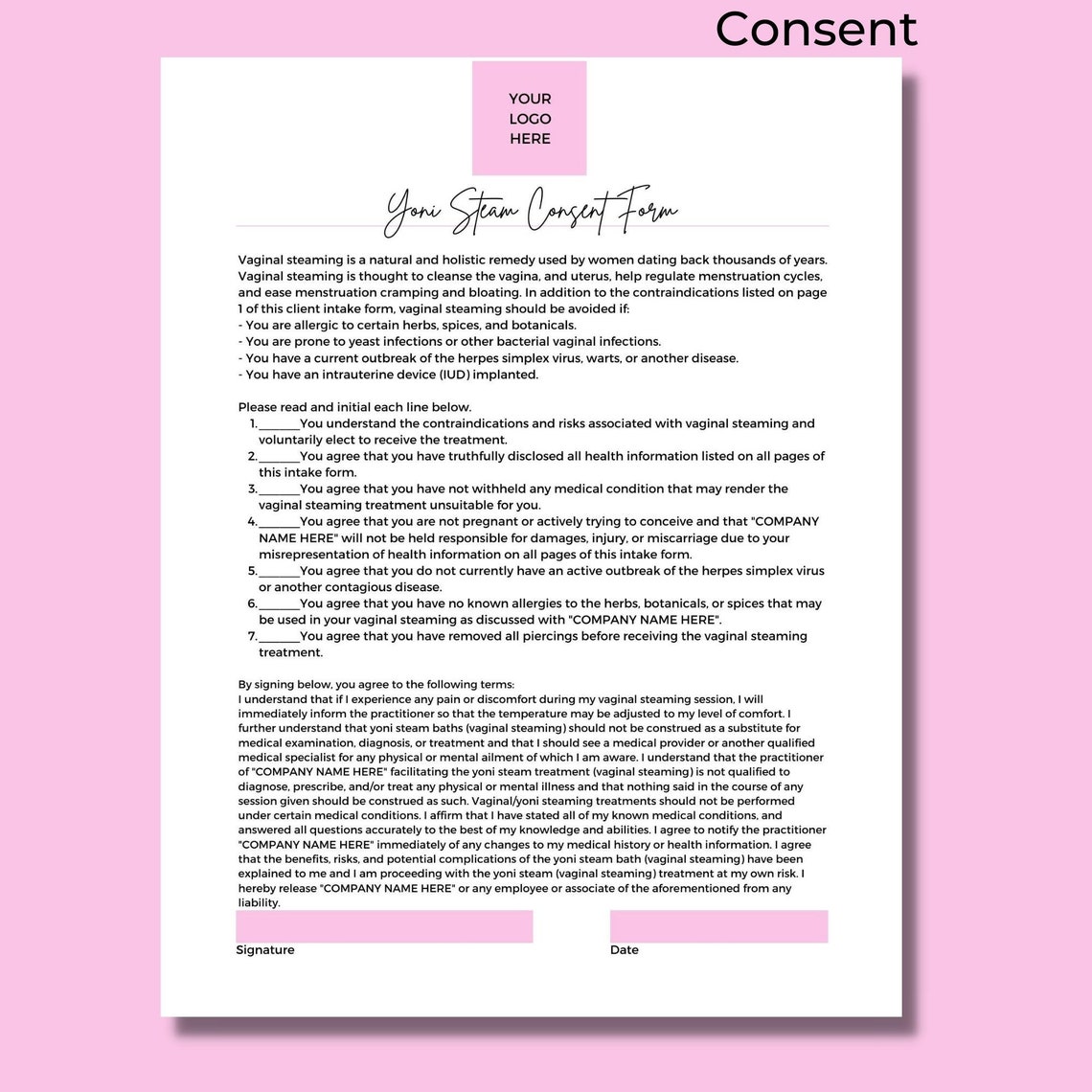 Yoni Steam Bath Intake and Consent Form Vaginal Steaming - Etsy