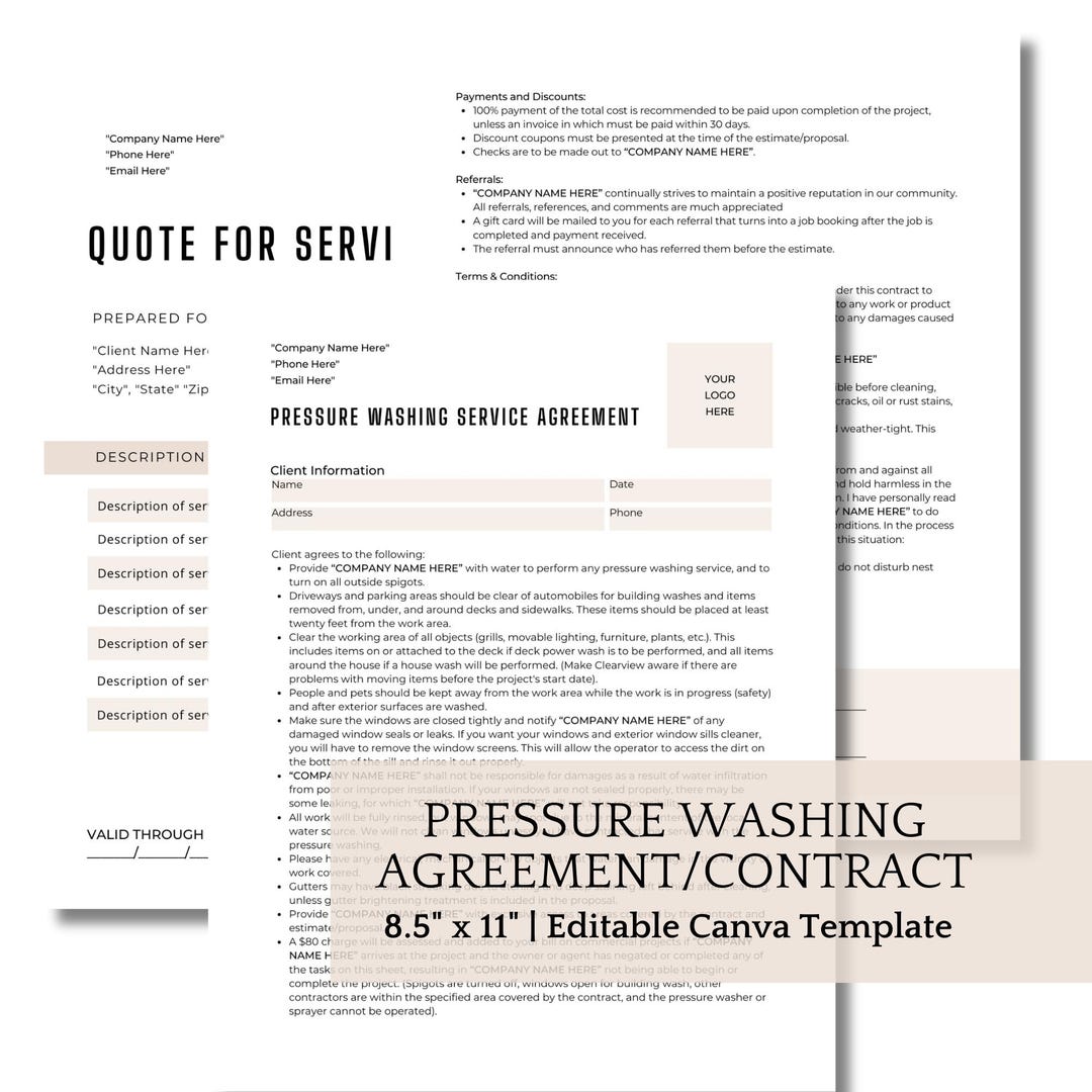 Editable Pressure Washing Service Contract & Quote Template (canva DIY ...