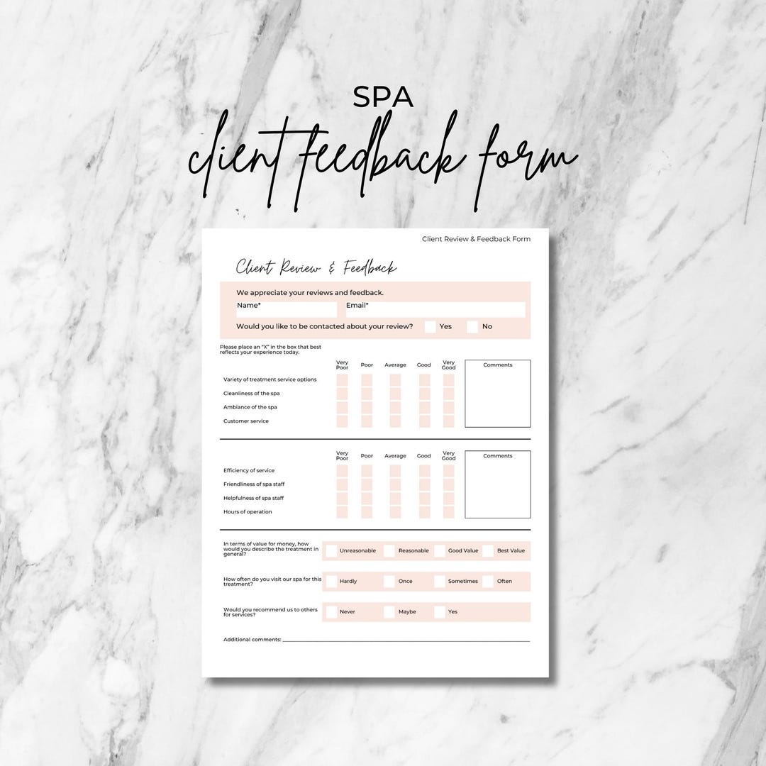 Spa Client Feedback Form, Client Questionnaire, Client Survey, Service ...