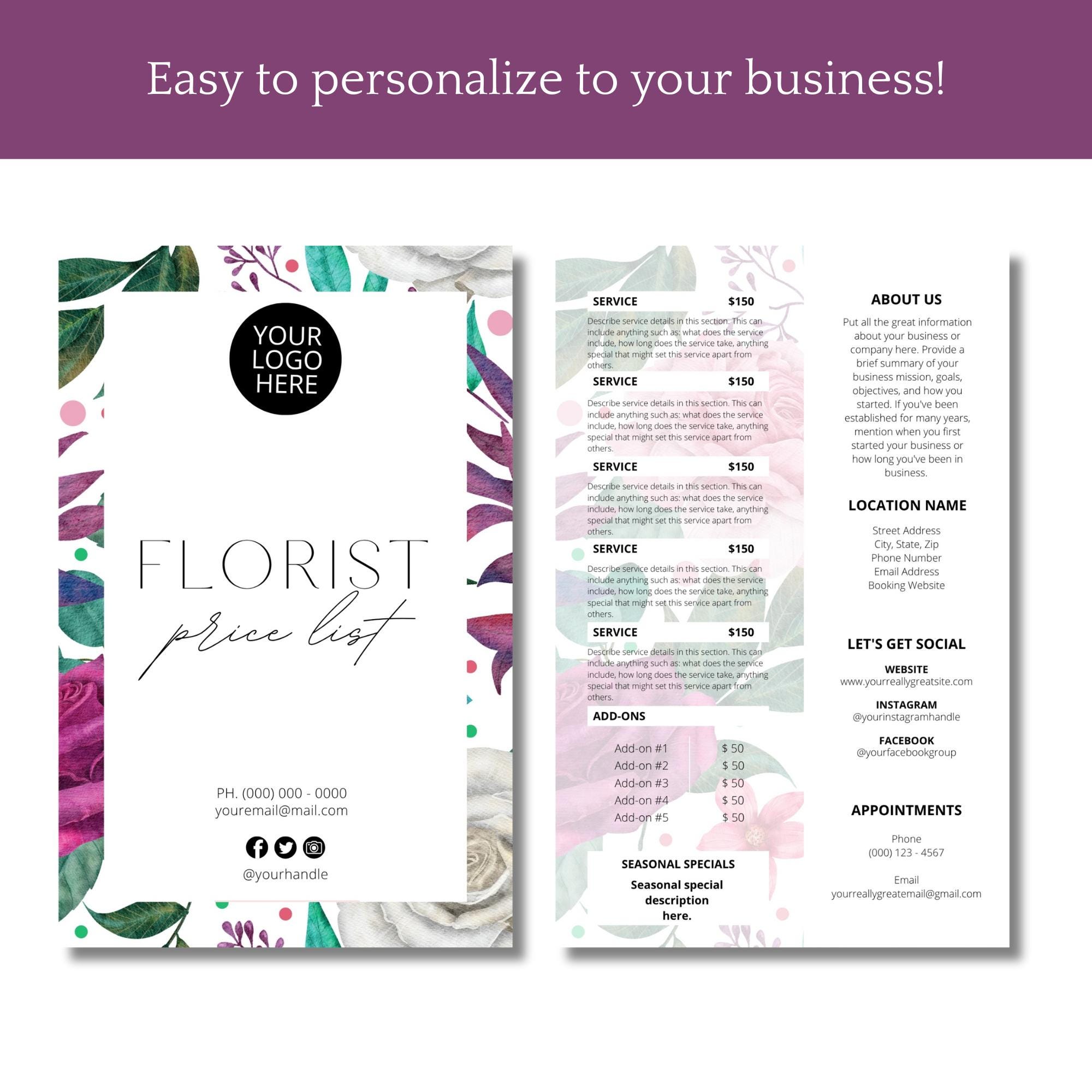 Editable Florist Price List Template: Floral Service Menu (5.5 X 8.5 ...
