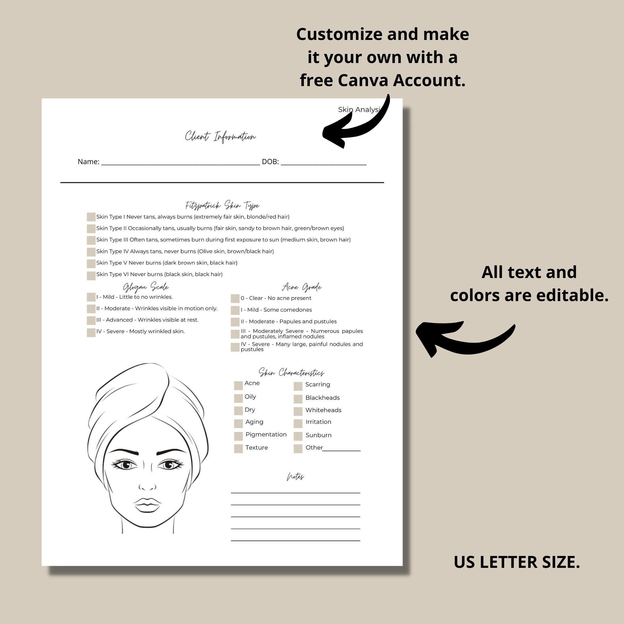 Editable Skin Analysis Form Template, Esthetician Client Forms (PDF ...
