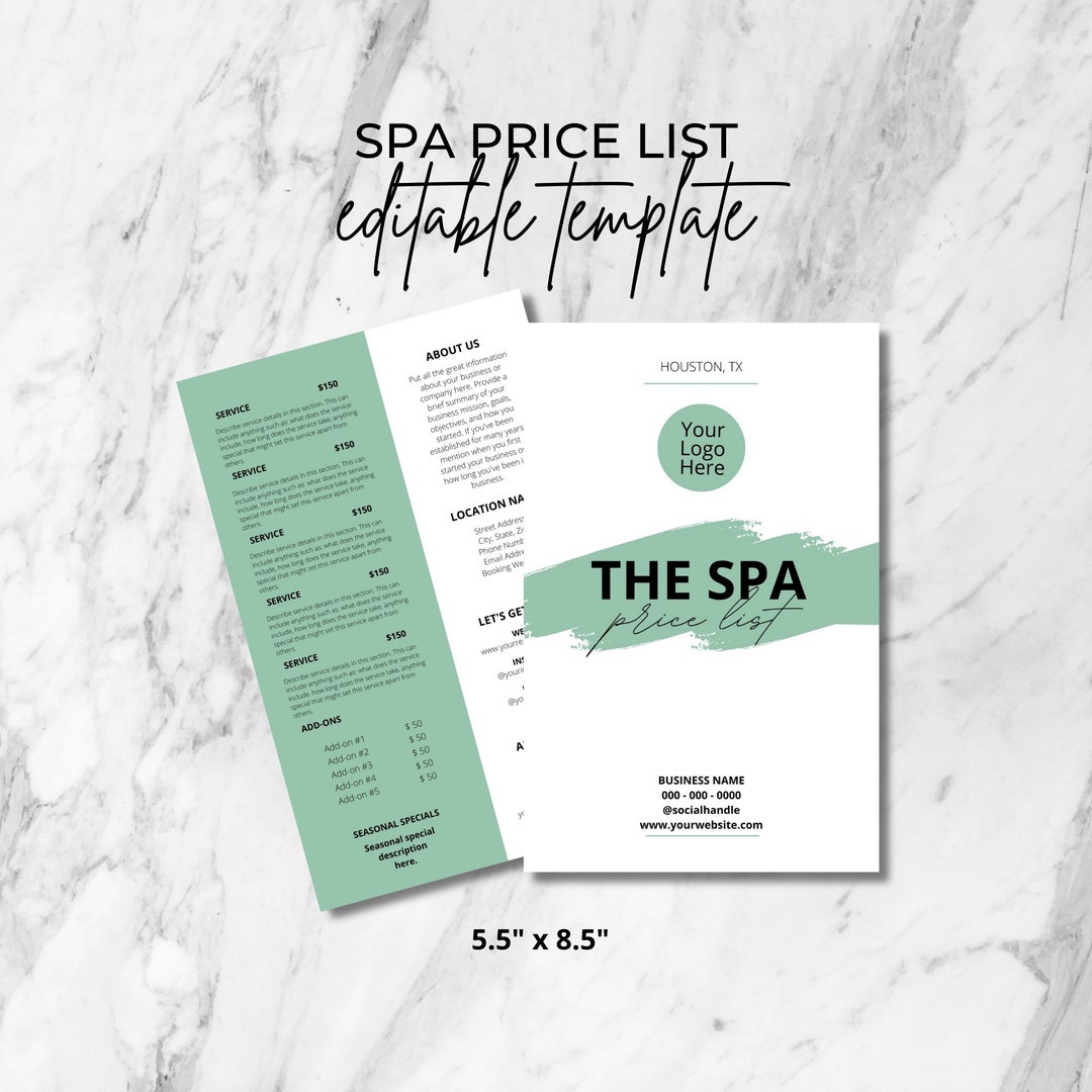 Editable Esthetician Price List Menu Template, Day Spa Price List Menu ...