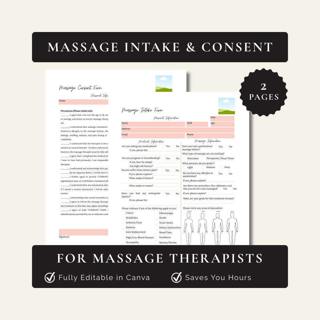 Massage Therapy Intake and Consent Forms Editable Canva Template - Etsy