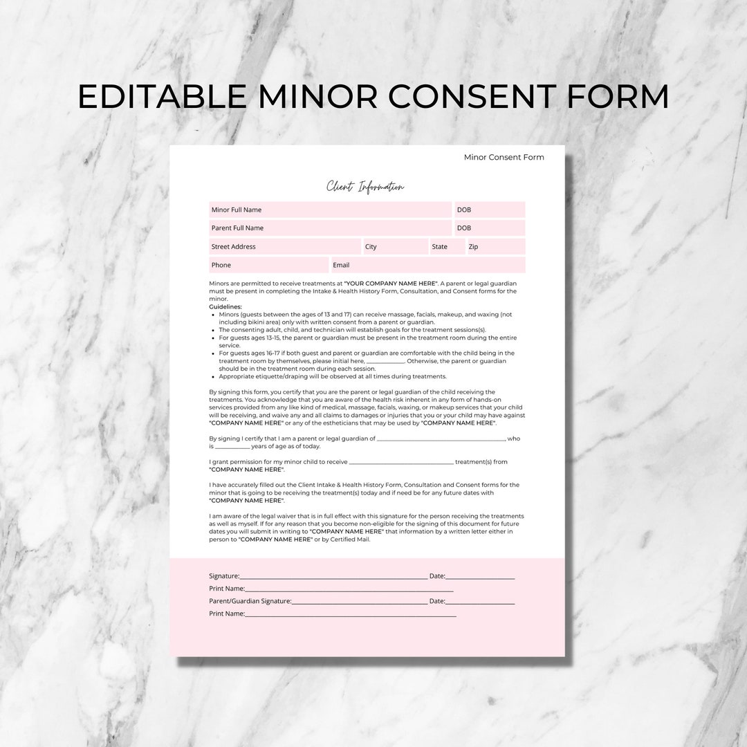 Esthetician Minor Consent Form, Facial Consent, DIY Editable, Printable ...