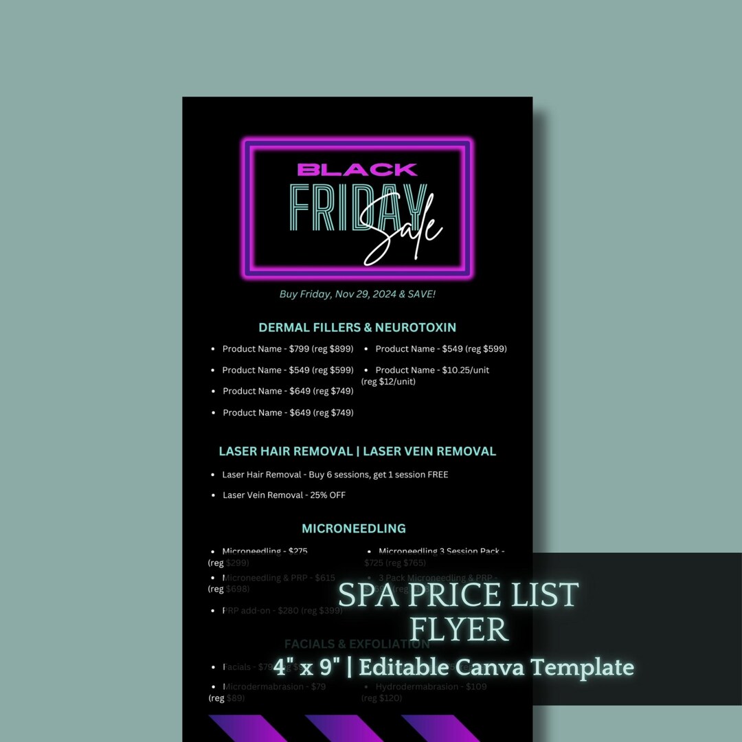 Editable Med Spa Price List Template, Salon Menu (canva, 4x9) - Etsy