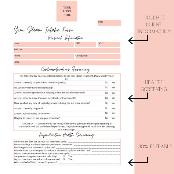 Paper Esthetician Consent Form Yoni Steaming Consent Form Vajacial Form ...
