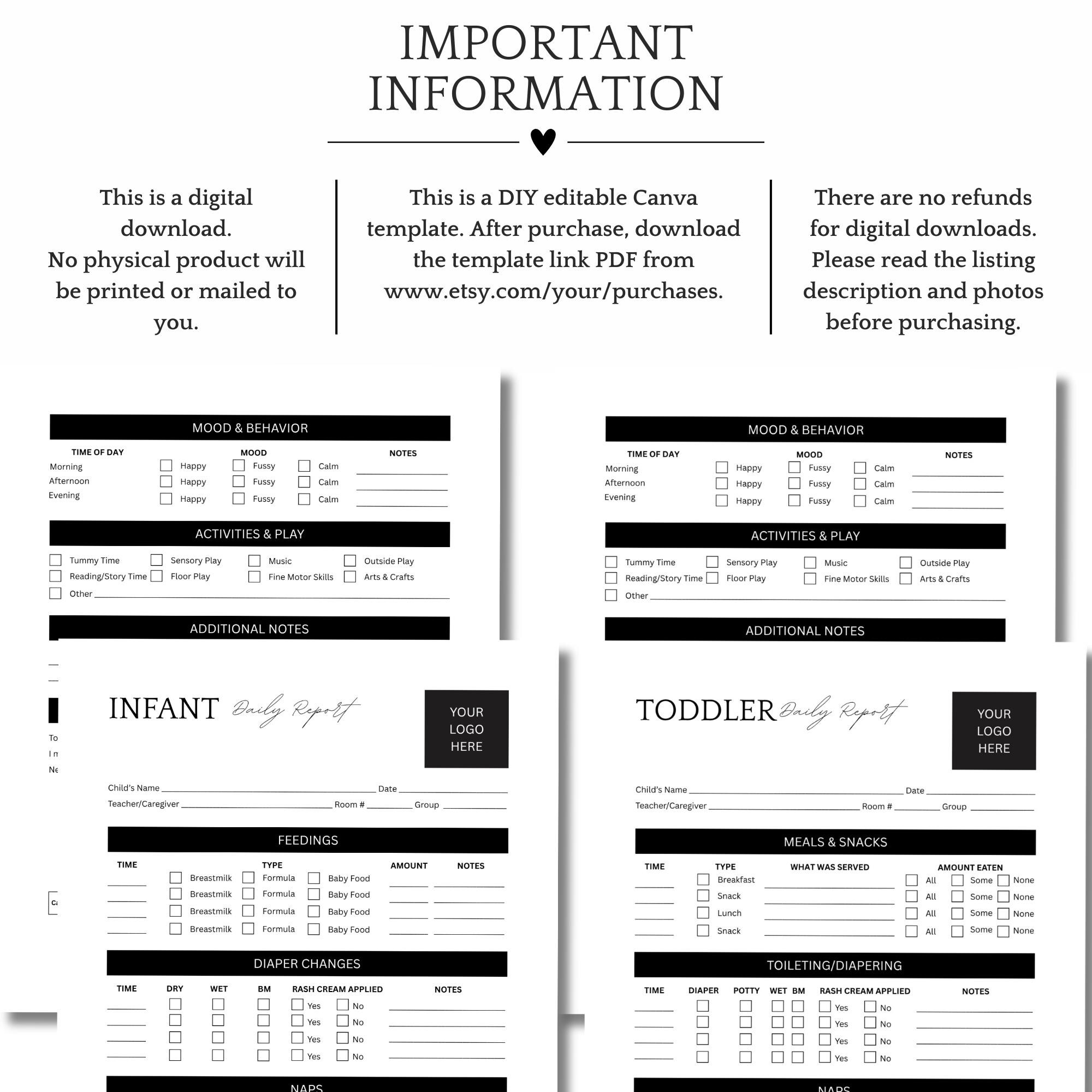 Infant Toddler Daily Report Template, Daycare Childcare (editable Canva ...