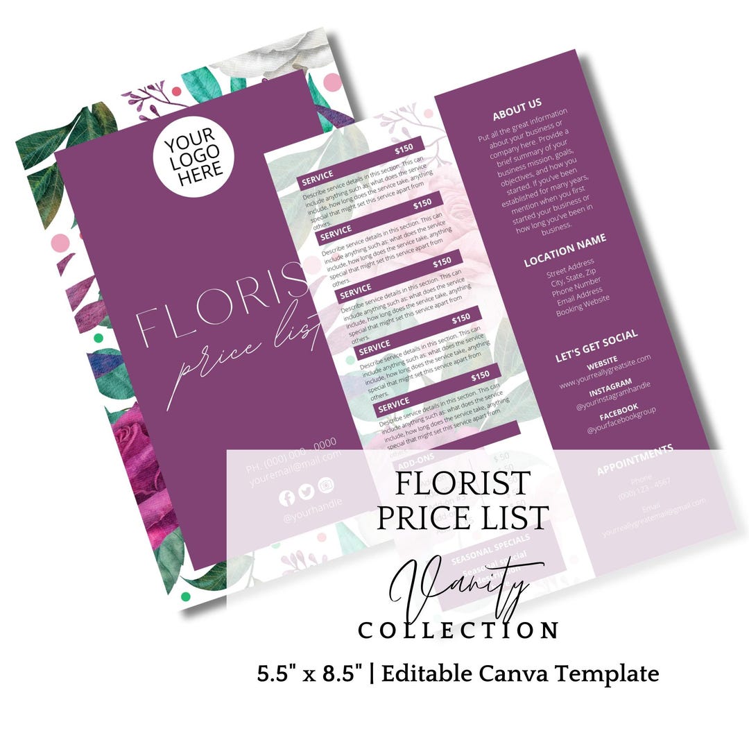 Editable Florist Price Menu Template: Flower Shop Service List (5.5 X 8 ...