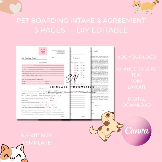 Pet Boarding Intake Form and Contract Agreement DIY Editable - Etsy
