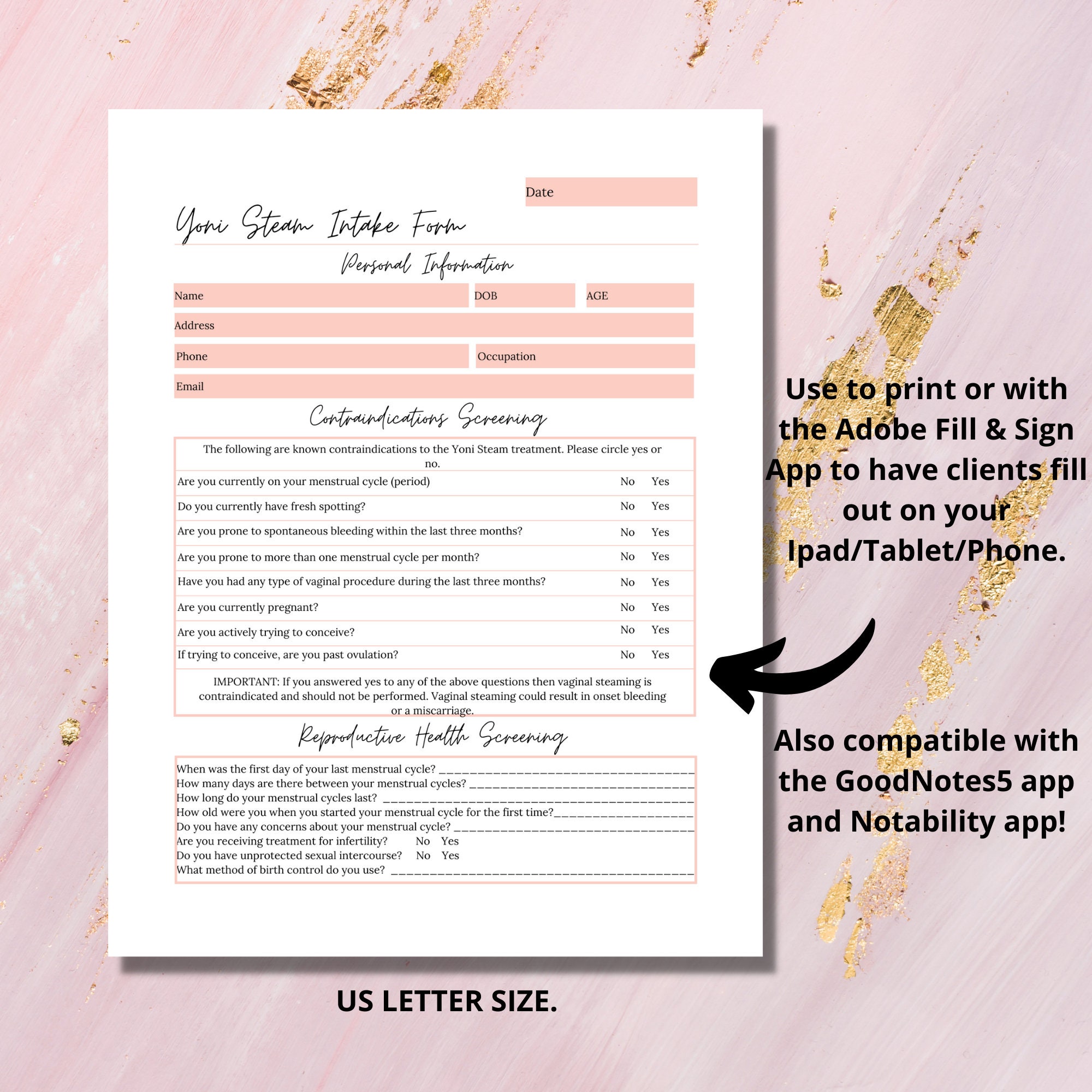 Yoni Steam Bath Intake Consent Form Printable 2 Page PDF US - Etsy