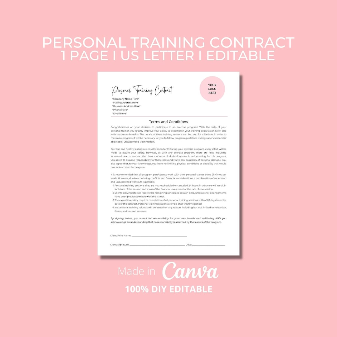 Personal Training Contract Agreement, Editable Printable 1 Page ...