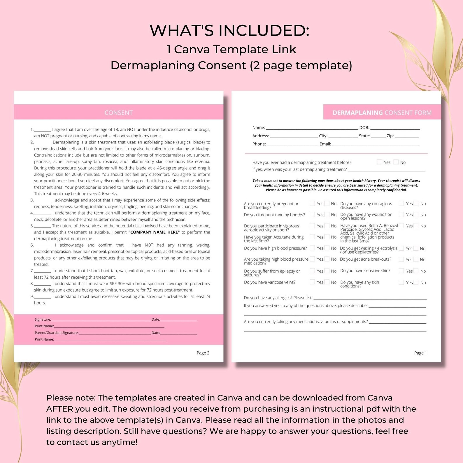 Dermaplaning Consent Form DIY Editable Printable 2 Page Canva - Etsy