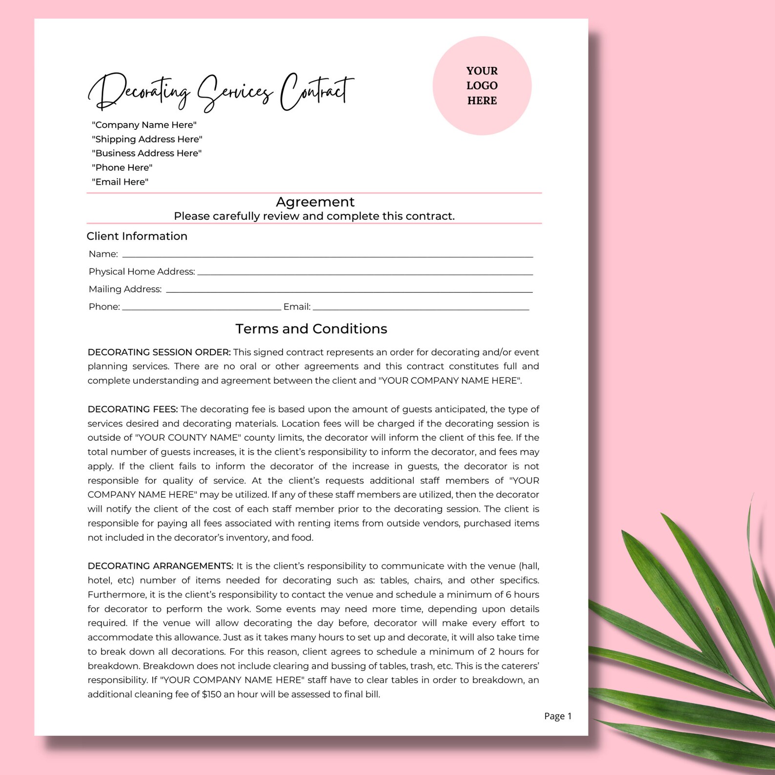 Event Decorating Services Contract Agreement DIY Editable - Etsy