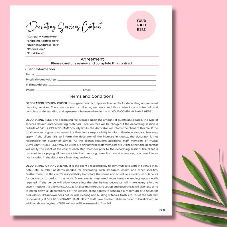Event Decorating Services Contract Agreement DIY Editable - Etsy