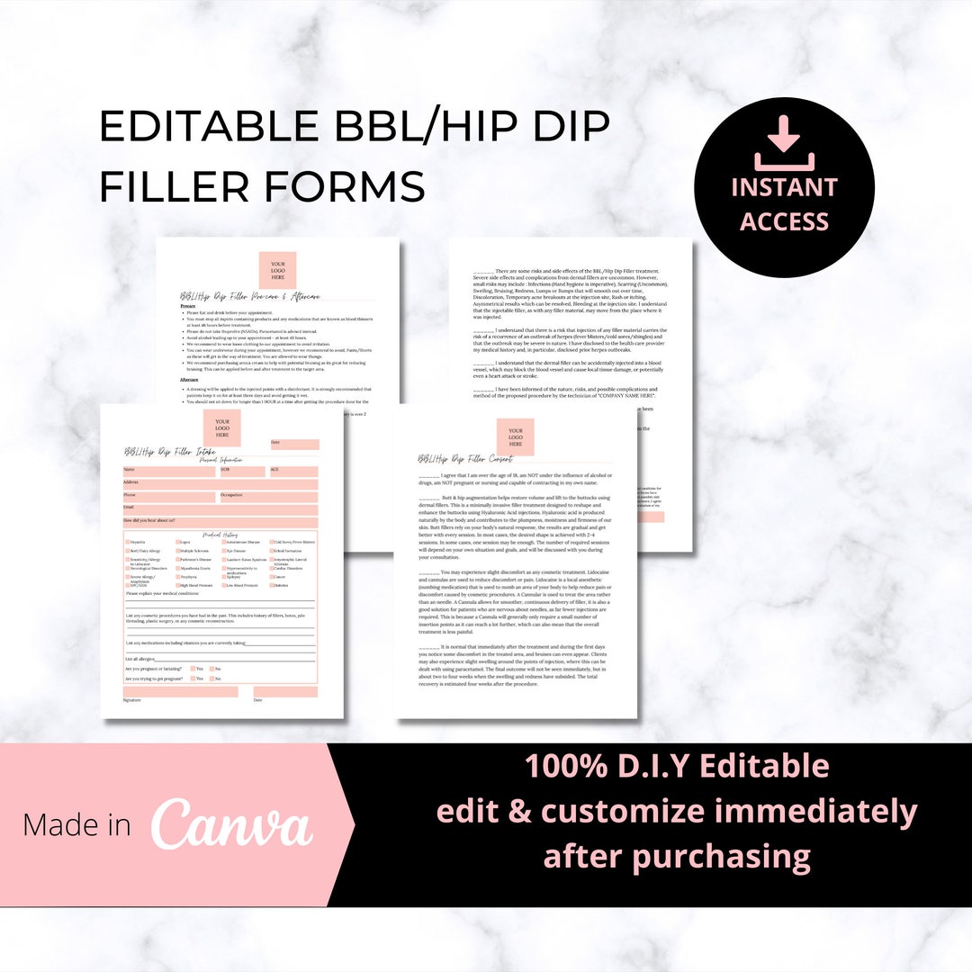 Editable BBL Hip Dip Filler Forms, Consent & Aftercare Canva Template ...