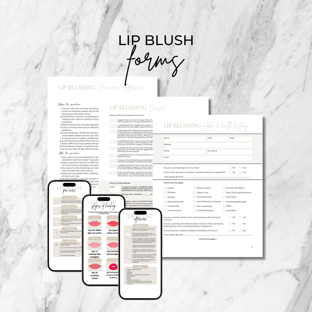 Lip Blushing Forms, Lip Blush Intake and Consentform, Pre-care ...