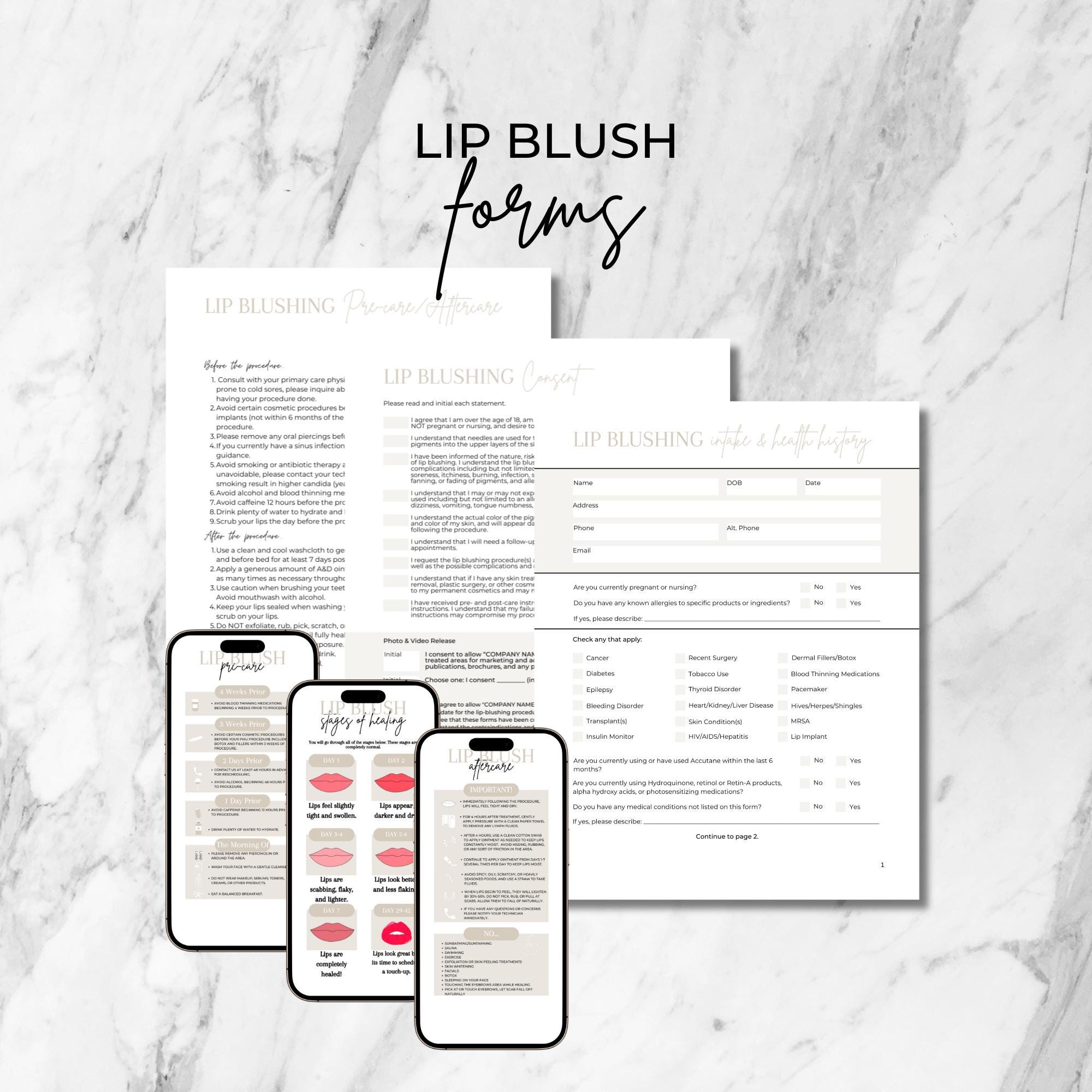 Lip Blush Forms, Consent & Aftercare, PMU Template (canva Editable) - Etsy