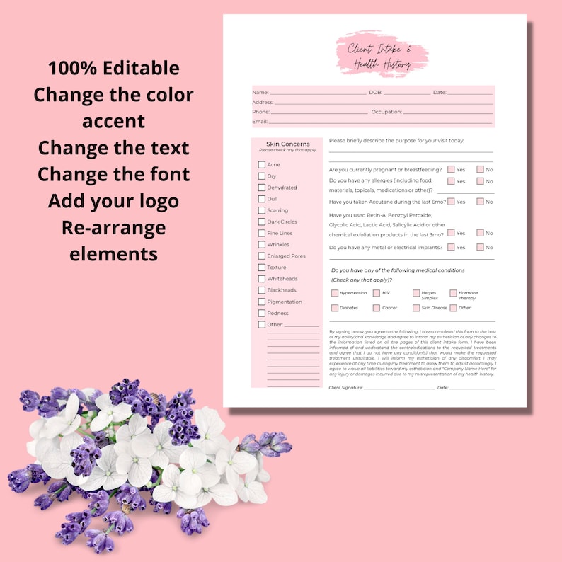 Editable Esthetician Client Intake Form Editable Printable - Etsy