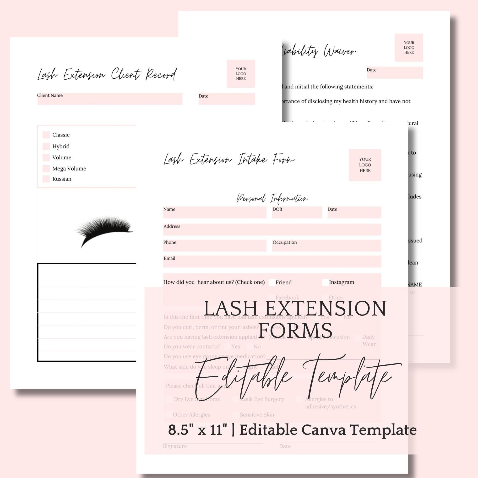 Lash Extension Forms, Intake, Waiver, Client Record (editable Canva ...