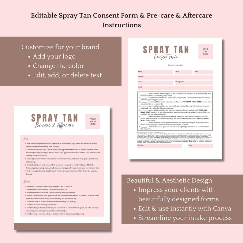 Spray Tan Forms: Precare & Aftercare Canva Template (digital Download ...