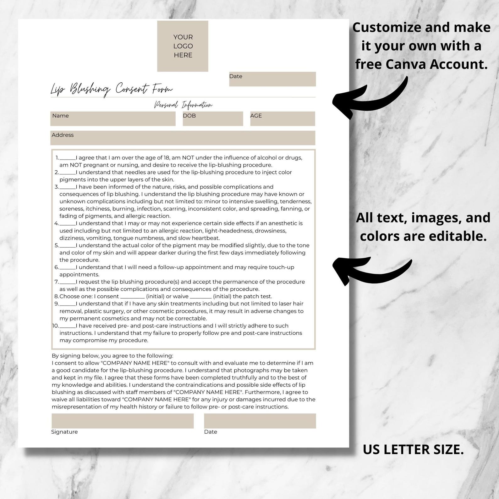 Lip Blushing Forms, Intake, Consent, Aftercare, Editable Canva Template ...