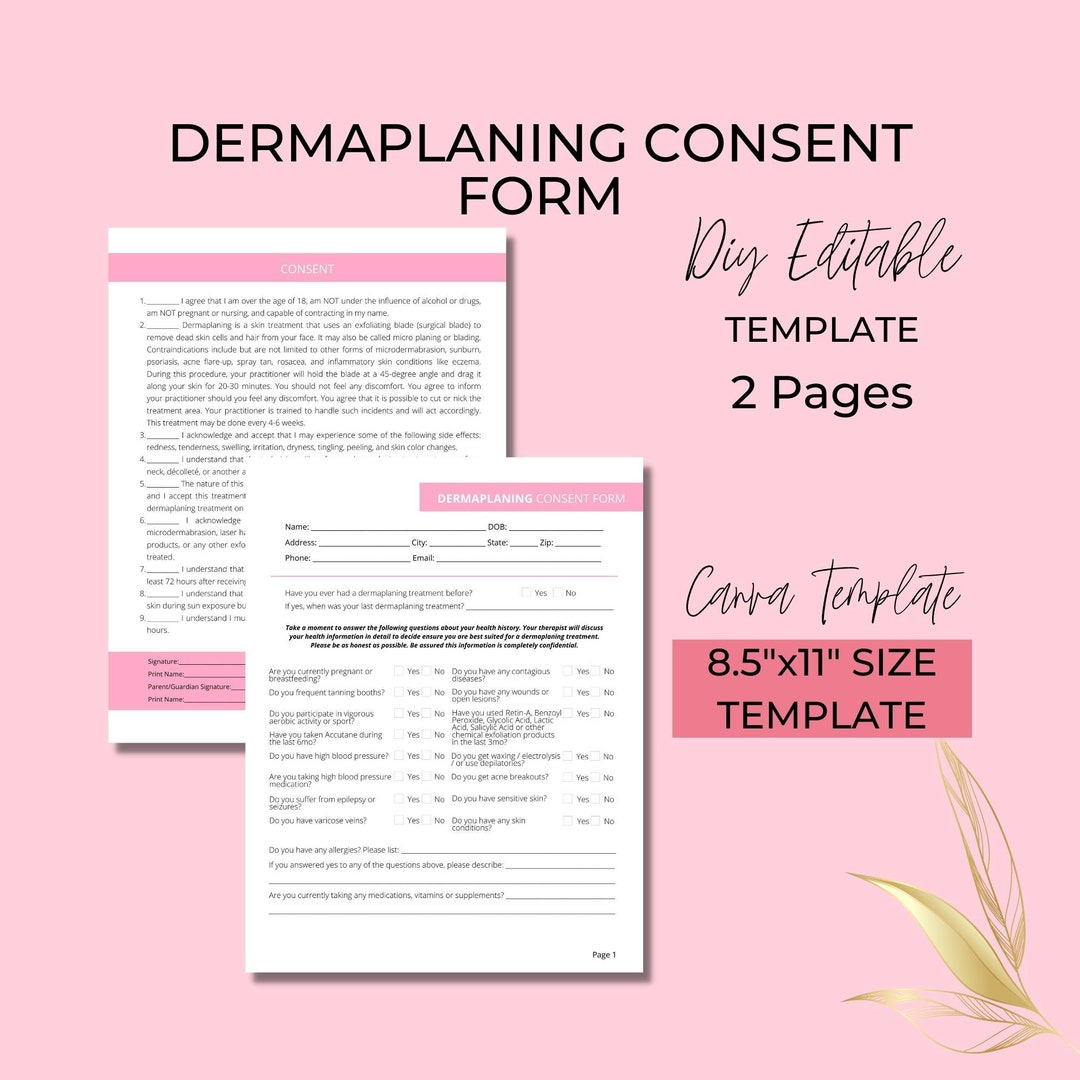 Dermaplaning Consent Form, DIY Editable Printable 2 Page Canva Template ...