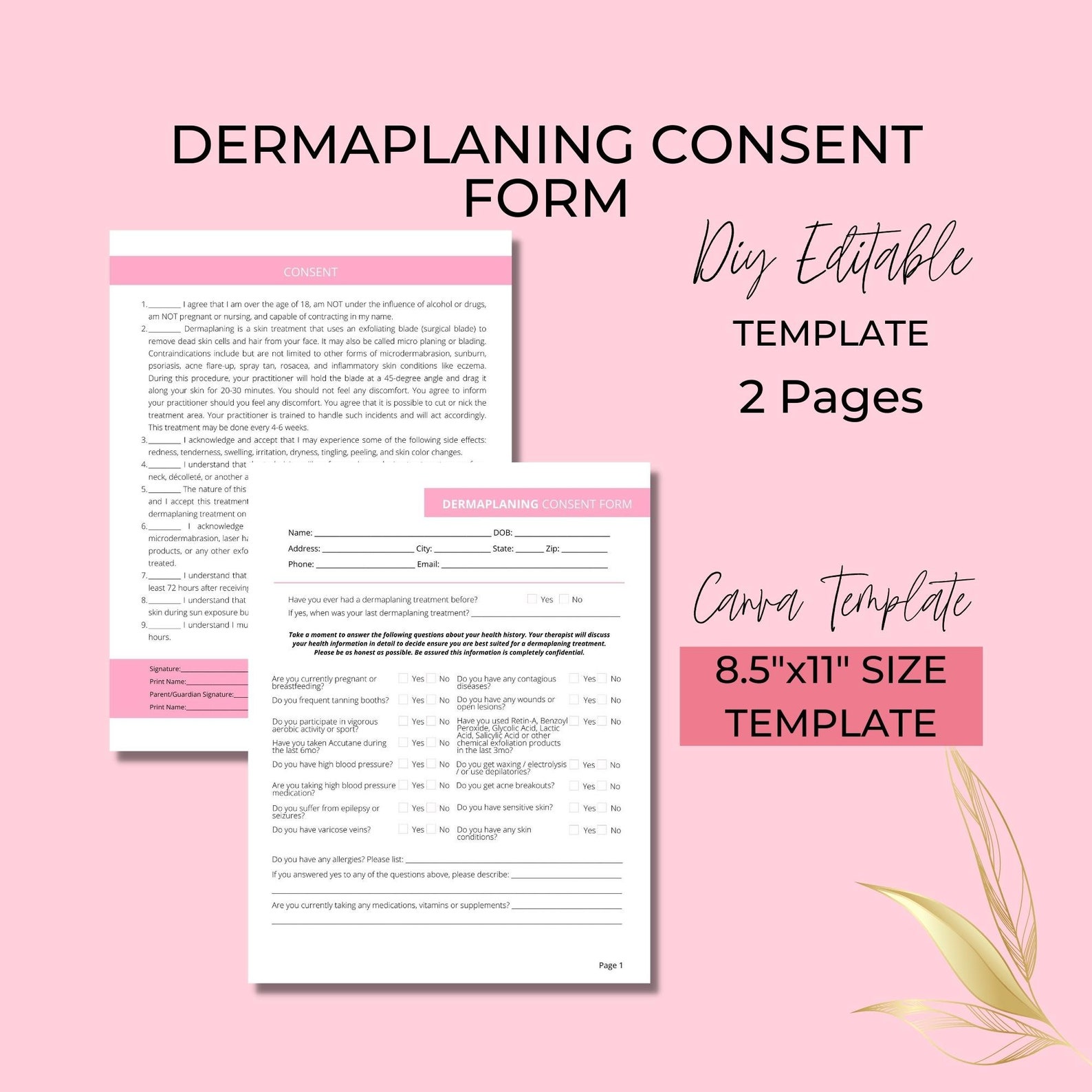 Dermaplaning Consent Form DIY Editable Printable 2 Page Canva - Etsy