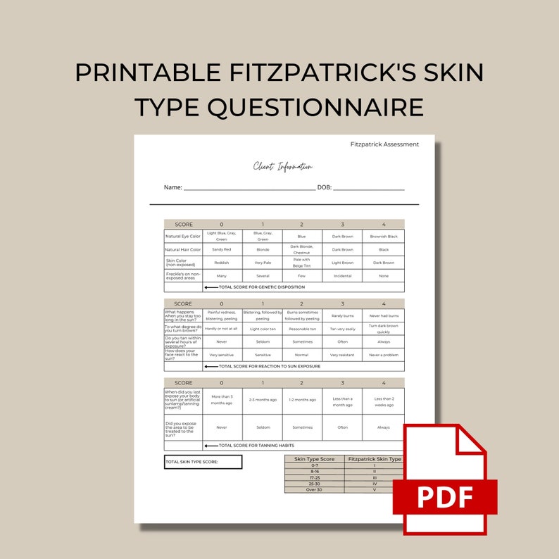 Fitzpatrick Skin Type Questionnaire Form, Printable PDF for Esthetician ...