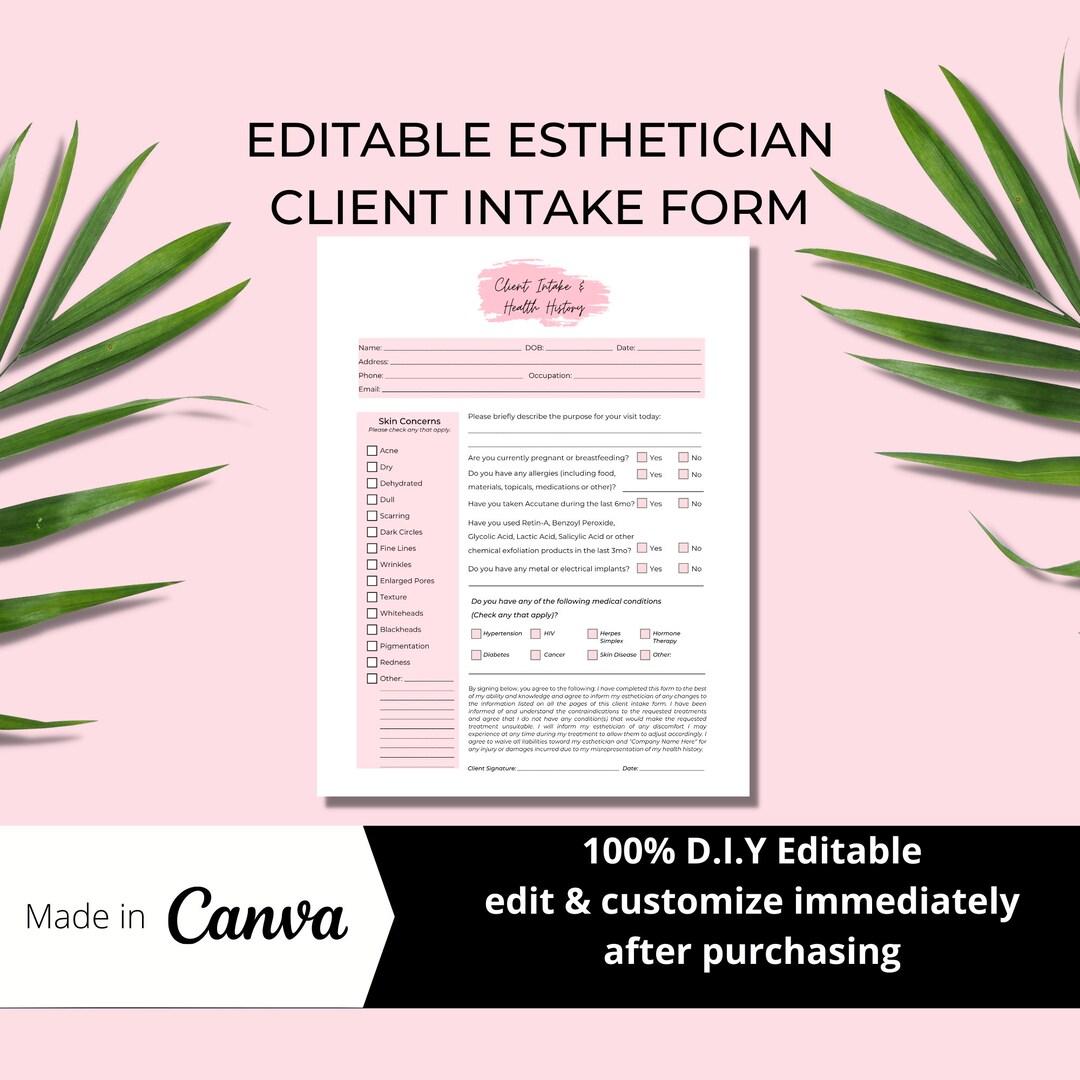 Editable Esthetician Client Intake Form I Simple Facial Consultation ...