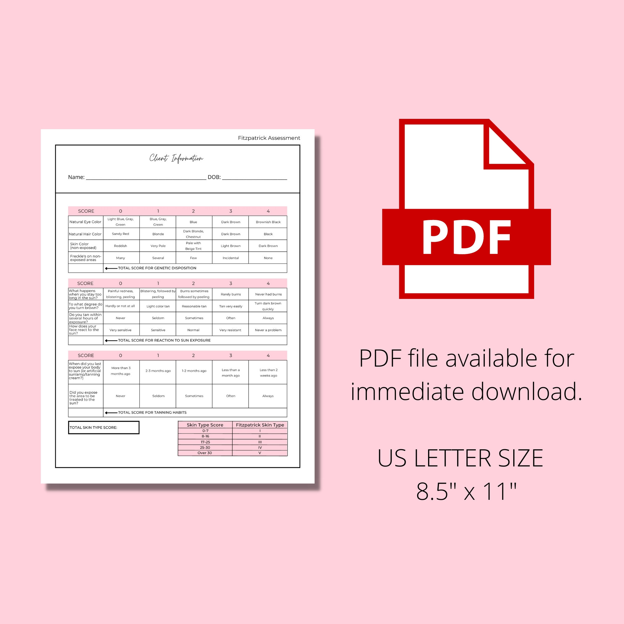 Fitzpatrick's Skin Type Questionnaire Form Printable PDF - Etsy
