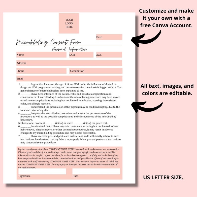 Microblading Consent Form DIY Editable Printable 1 Page Canva - Etsy