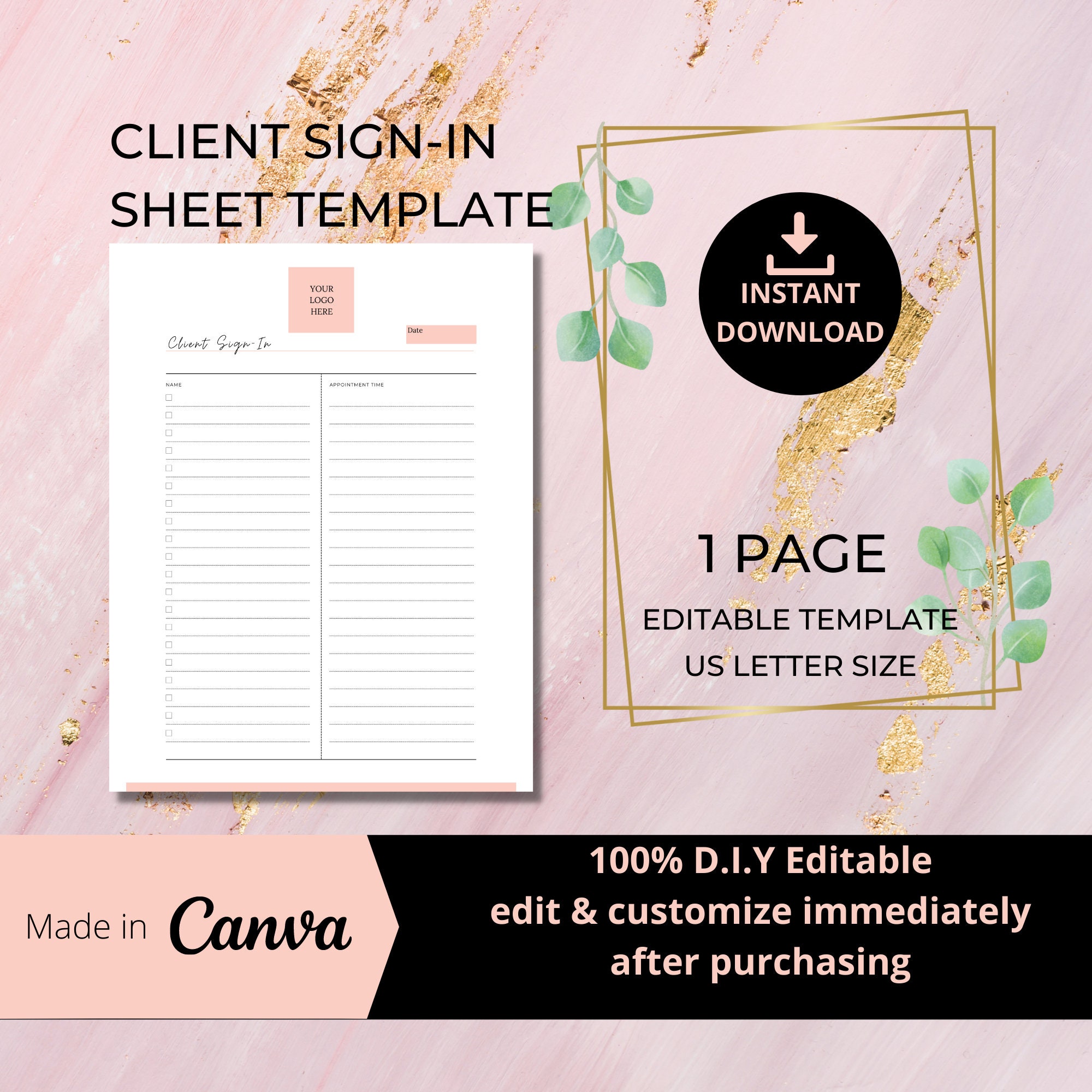 Client Sign-in Sheet DIY Editable Printable 1 Page Canva - Etsy