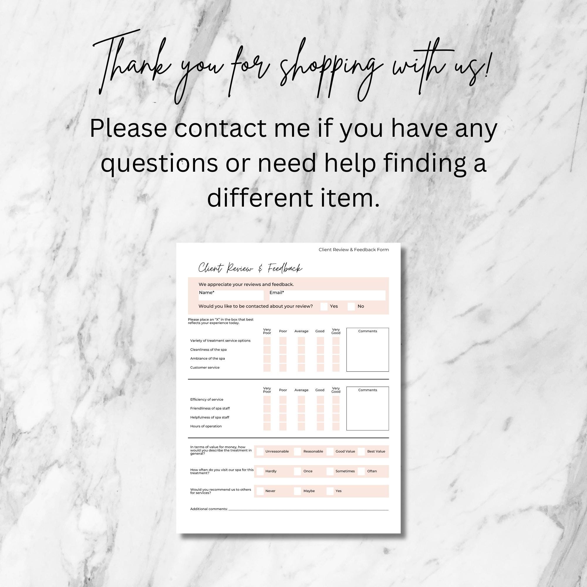 Spa Client Feedback Form, Client Questionnaire, Client Survey, Service ...