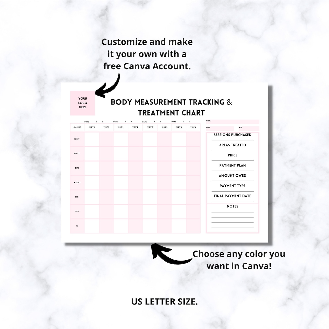 Editable Body Measurement Tracking Chart for Body Contouring & - Etsy