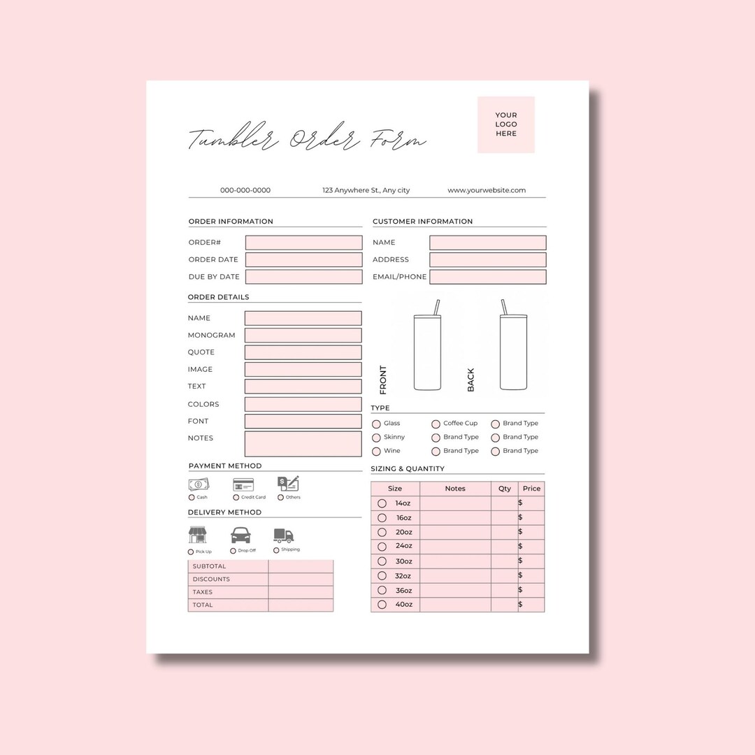 Editable Tumbler Order Form Template, Sublimation Cup Order Form ...