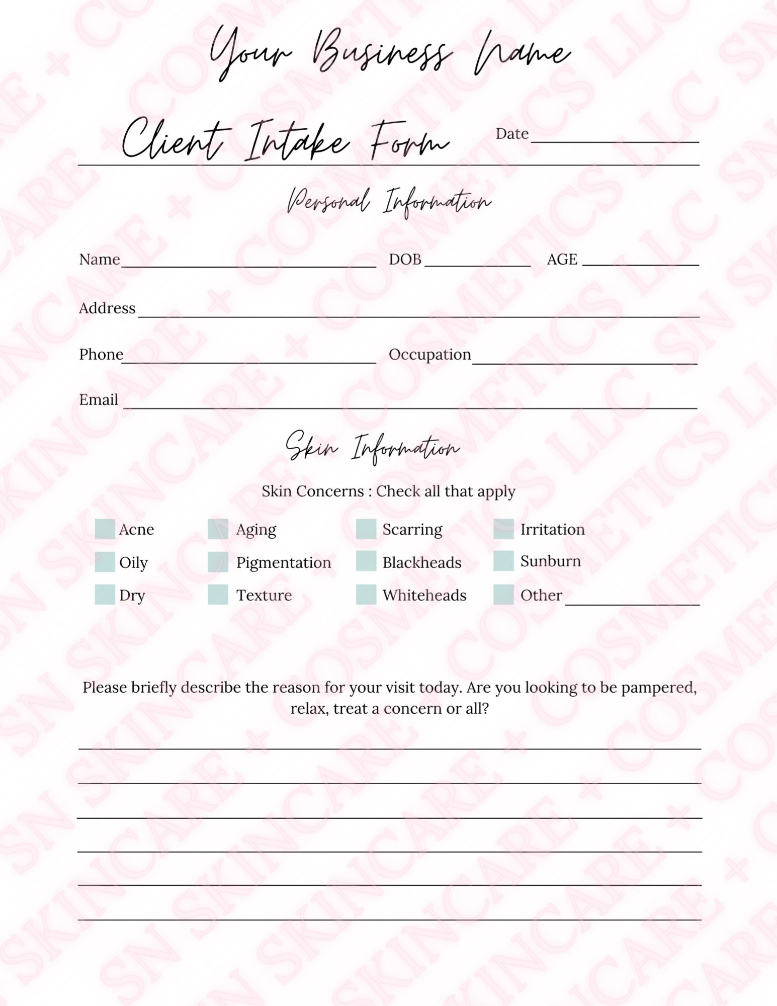 Esthetician Forms Client Intake Form Client Treatment Notes | Etsy