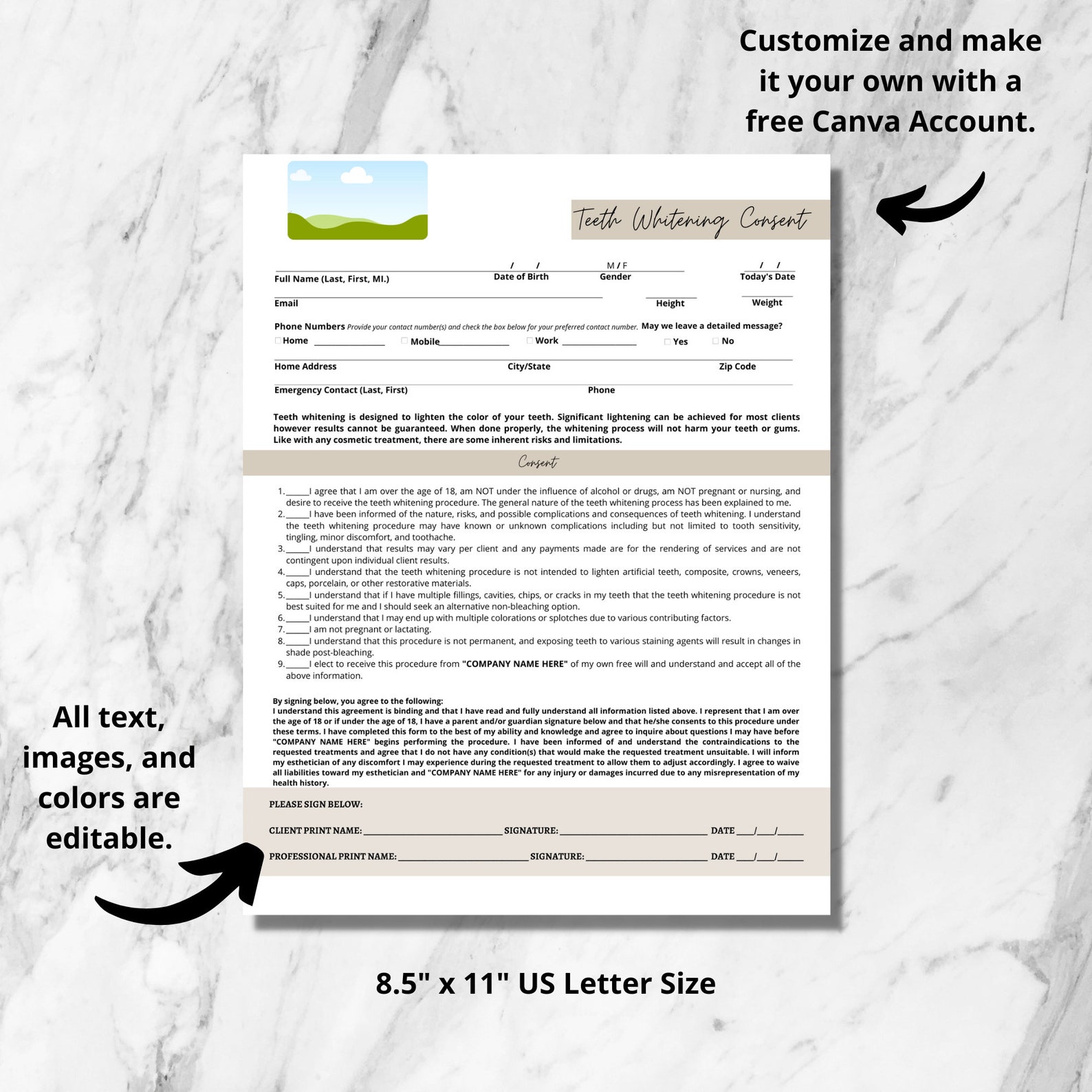 Teeth Whitening Consent Form, Editable Canva Template (printable) - Etsy