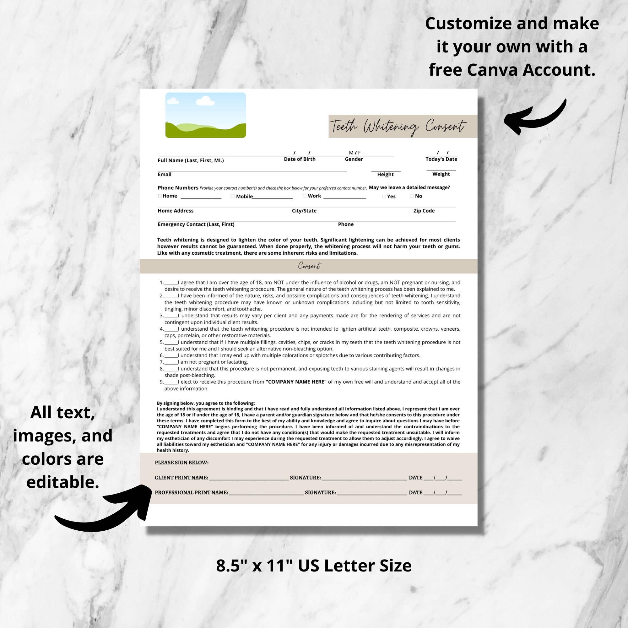 Teeth Whitening Consent Form, Editable Canva Template (printable) - Etsy