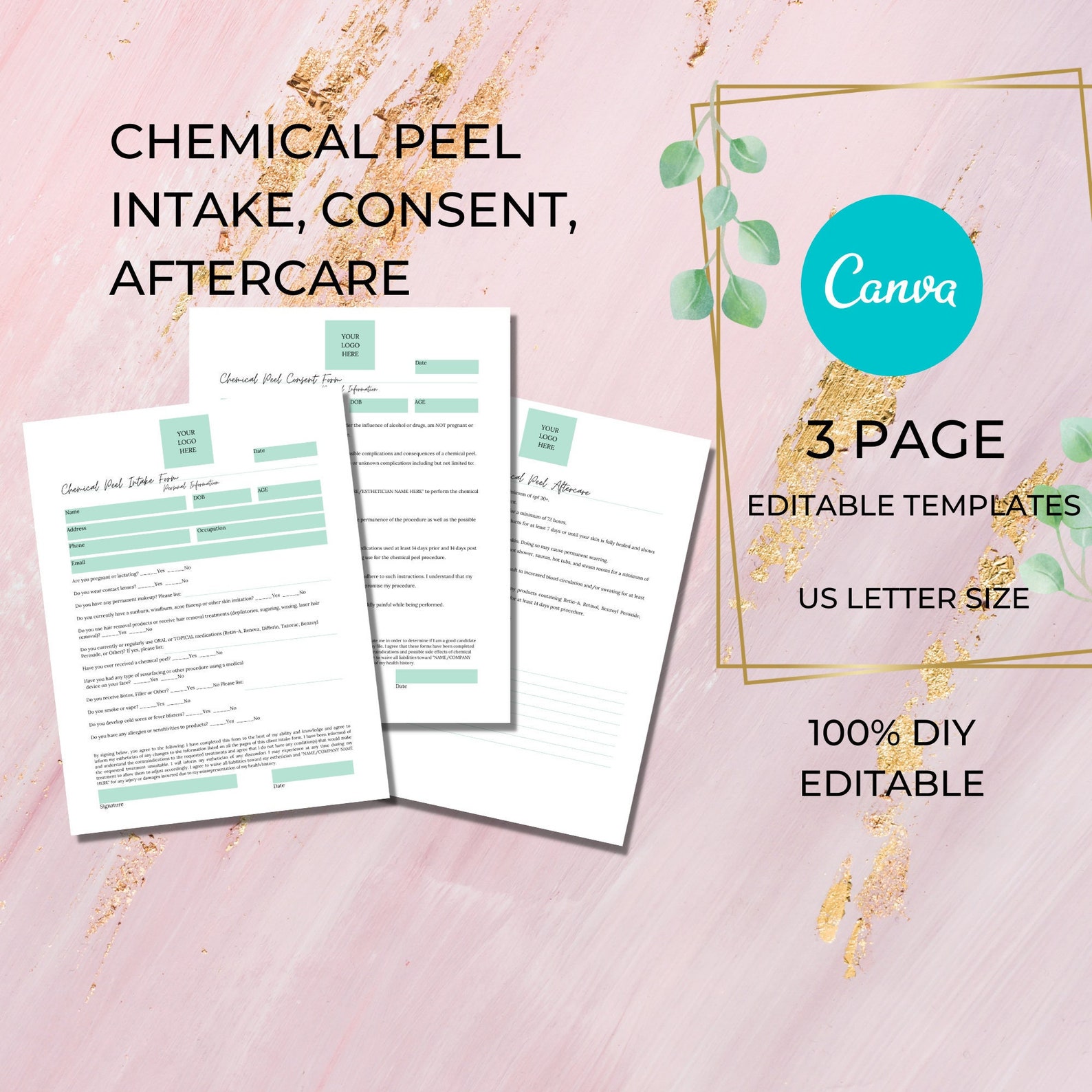 Chemical Peel Intake Consent Client Aftercare Forms I DIY | Etsy