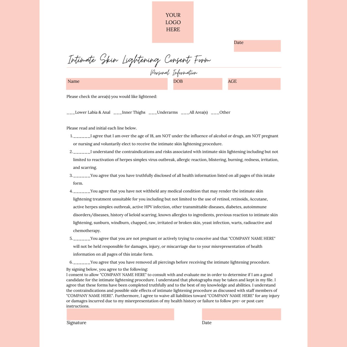 Editable Intimate Skin Lightening Intake and Consent Form | Etsy