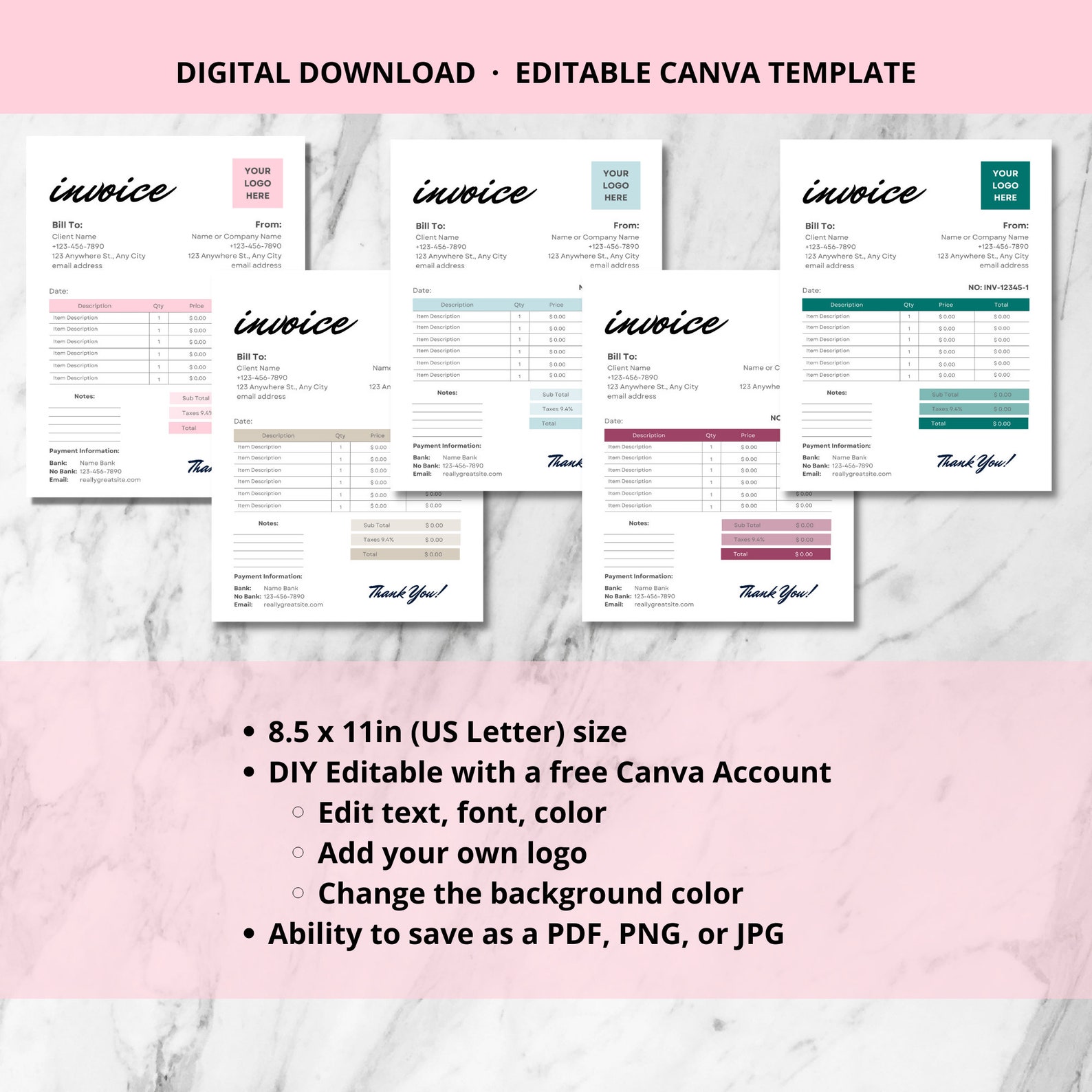 Invoice Editable Template, Printable Order Form Invoice, 5 Premade ...